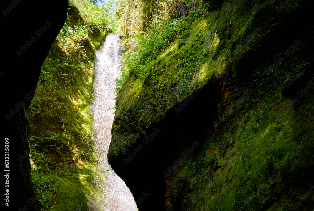 Sombrio Beach Waterfall and Canyon. The hidden waterfall inside a mossy ...