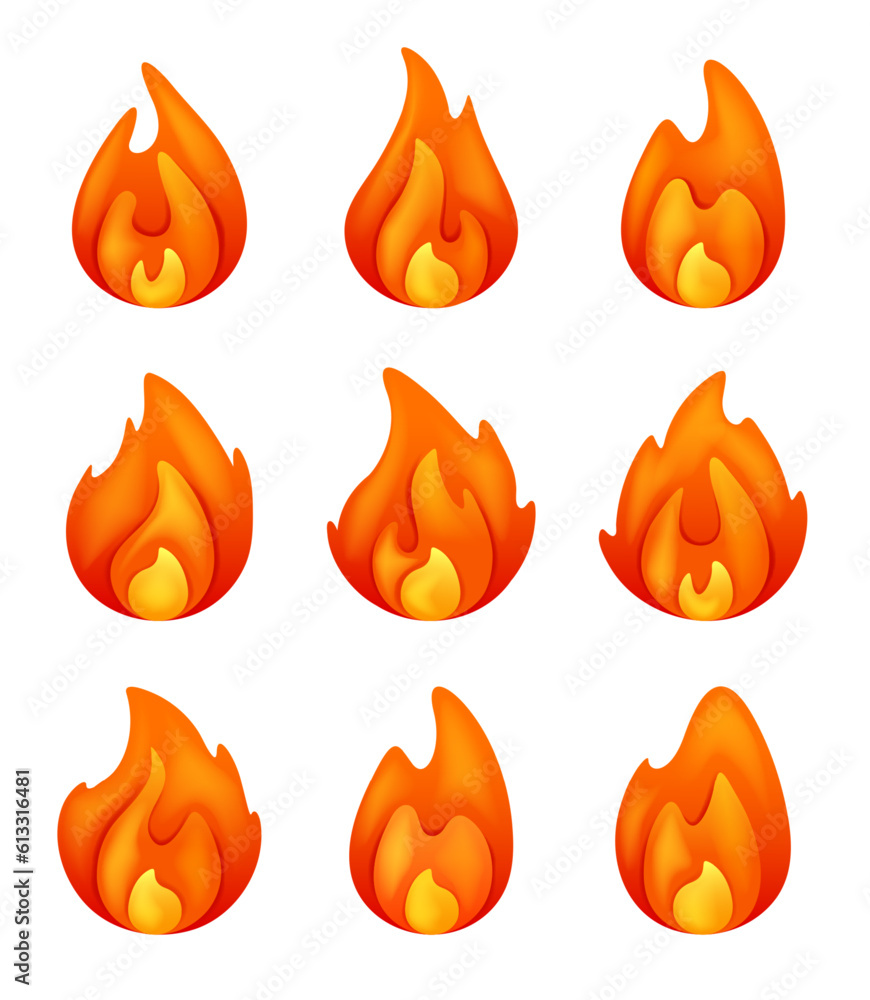 3d fire flame collection isolated on white background. 3d cartoon ...