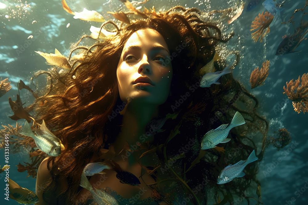 A mermaid with long red hair swims in the water in the ocean near fish ...