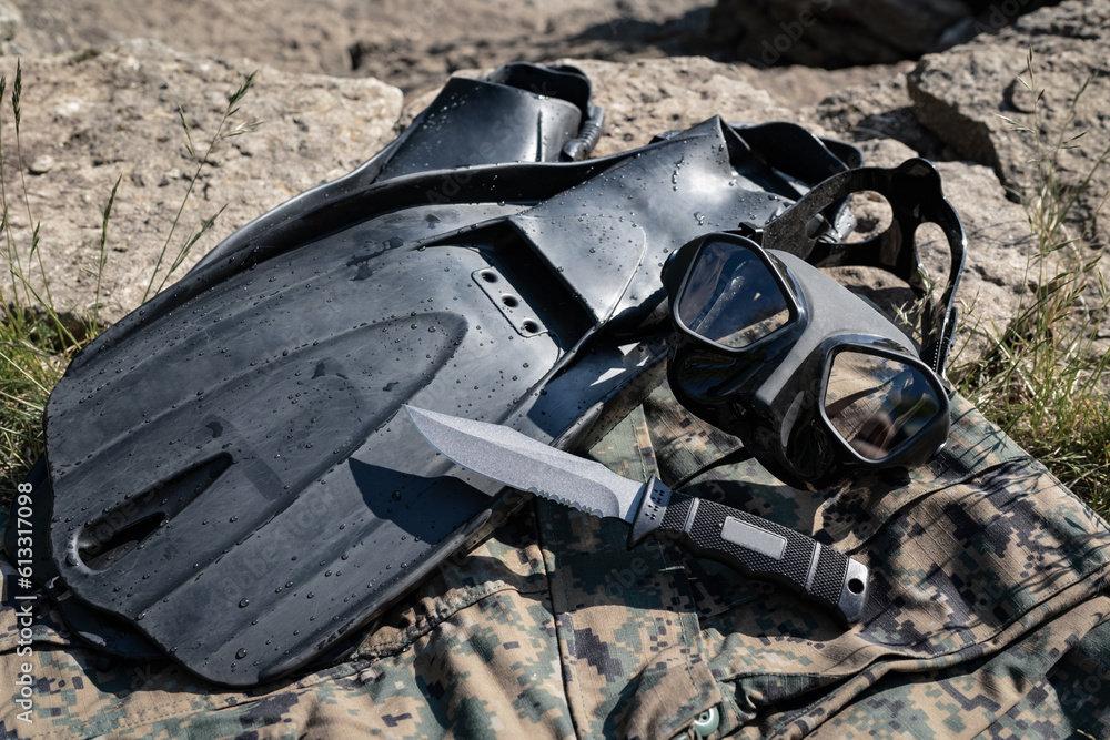 Diving equipment of a combat swimmer, a diving mask, fins and a marine ...