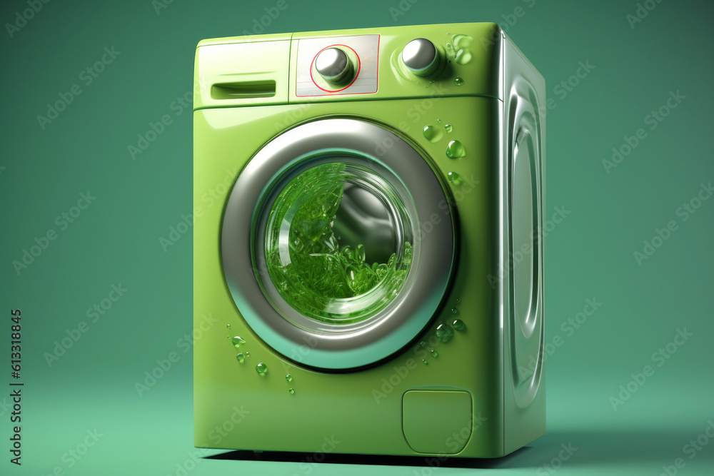 green washing machine with water pouring out, representing the eco ...