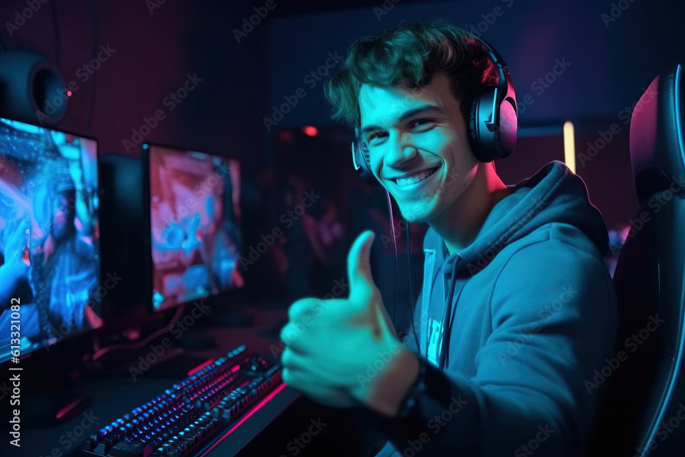 A young smiling guy game streamer gives the thumbs up to his viewers ...