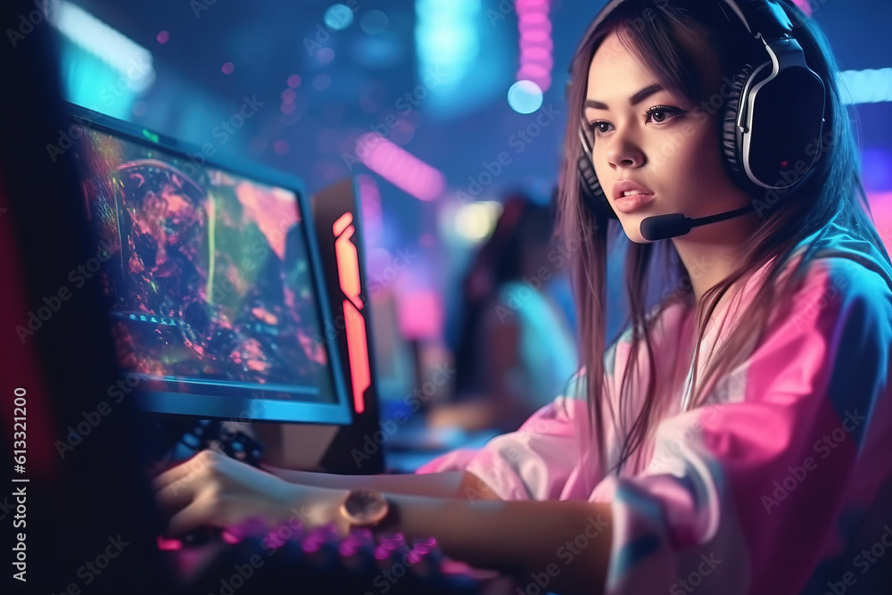 A pretty girl professional gamer wearing headphones is concentrating on ...