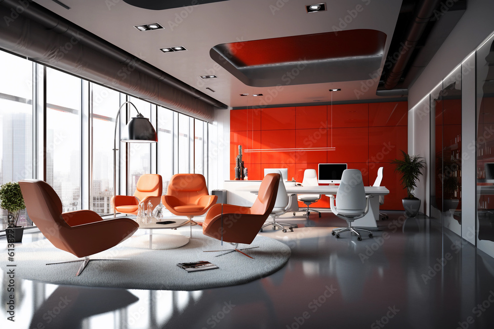 Modern office interior with orange and white colors and big windows ...