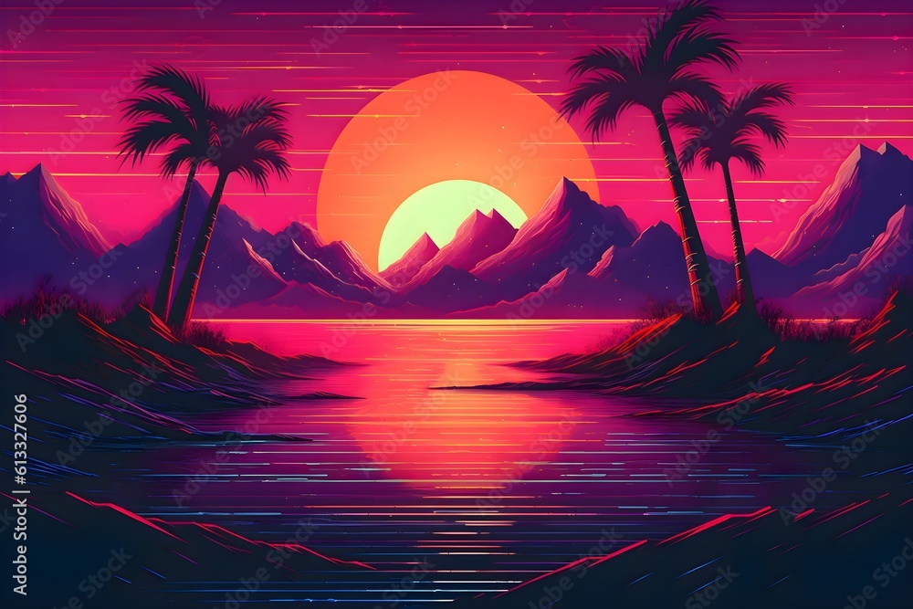 Beautiful tropical beach landscape with palm trees and a mountain range ...