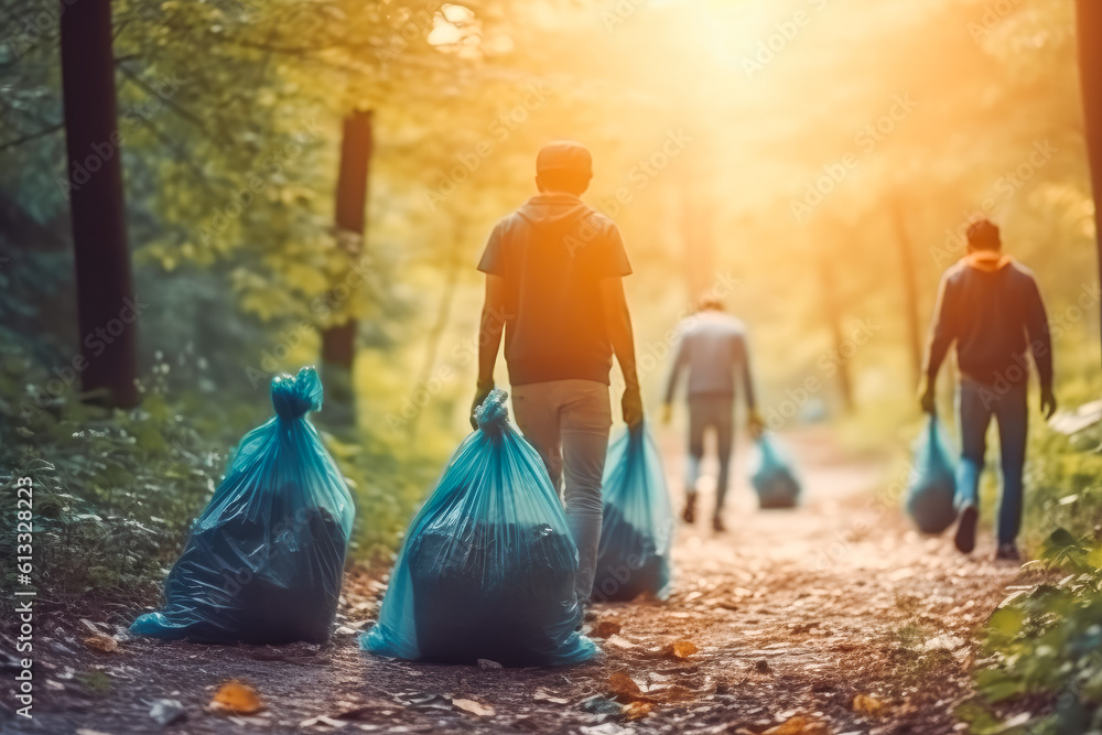 Collecting the garbage in plastic trash bag in nature, cleaning up the ...
