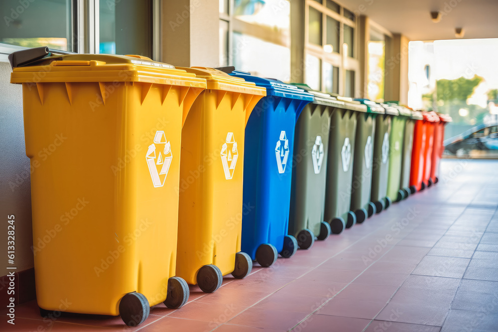 Colorful collection of recycling bins with different type of waste ...