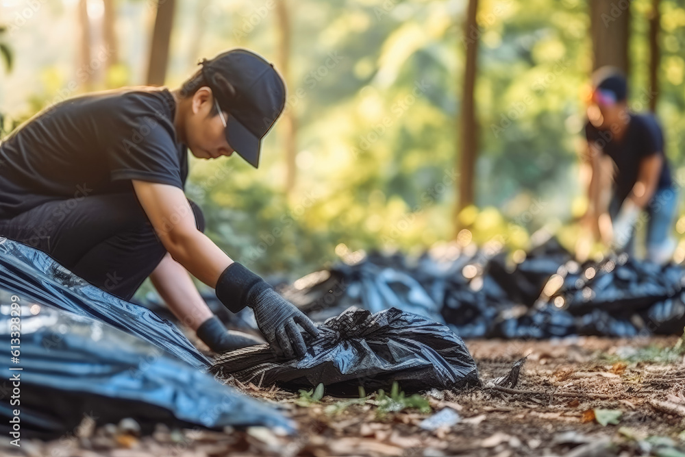 Collecting the garbage in plastic trash bag in nature, cleaning up the ...