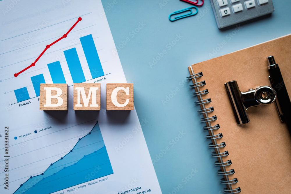 There is wood cube with the word BMC. It is an abbreviation for Business Model Canvas as eye ...
