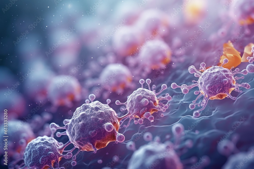 Malignant cancer cells under a microscope. AI generated, human enhanced ...