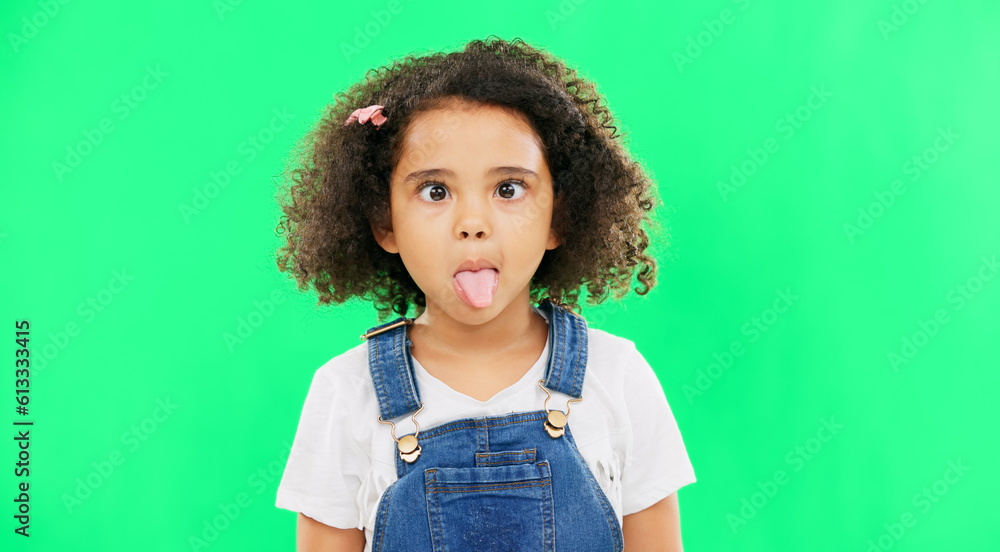 Little girl, silly and goofy face on green screen with facial ...