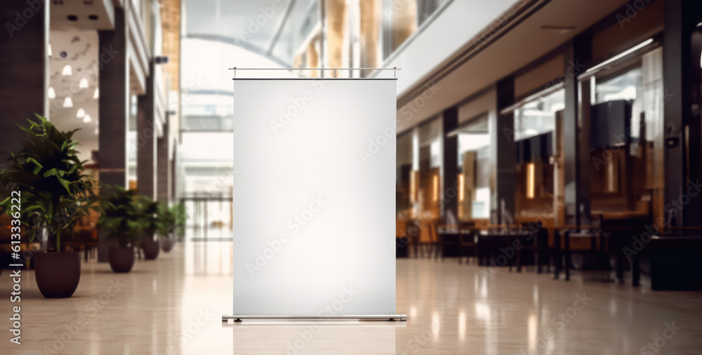 roll up mockup poster stand in an shopping center or mall environment ...