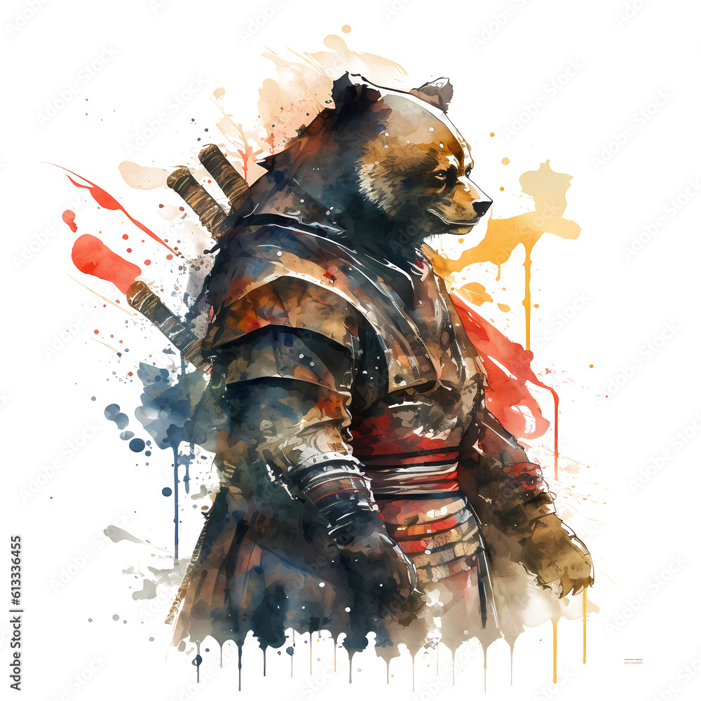 Samurai Bear Warrior With Watercolors traditional Japanese 4096px PNG ...