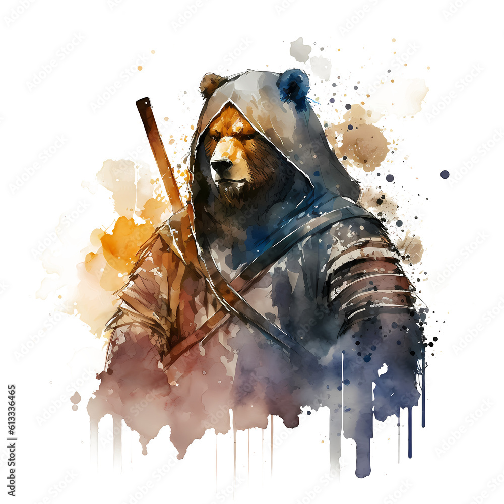 Samurai Bear Warrior With Watercolors traditional Japanese 4096px PNG ...