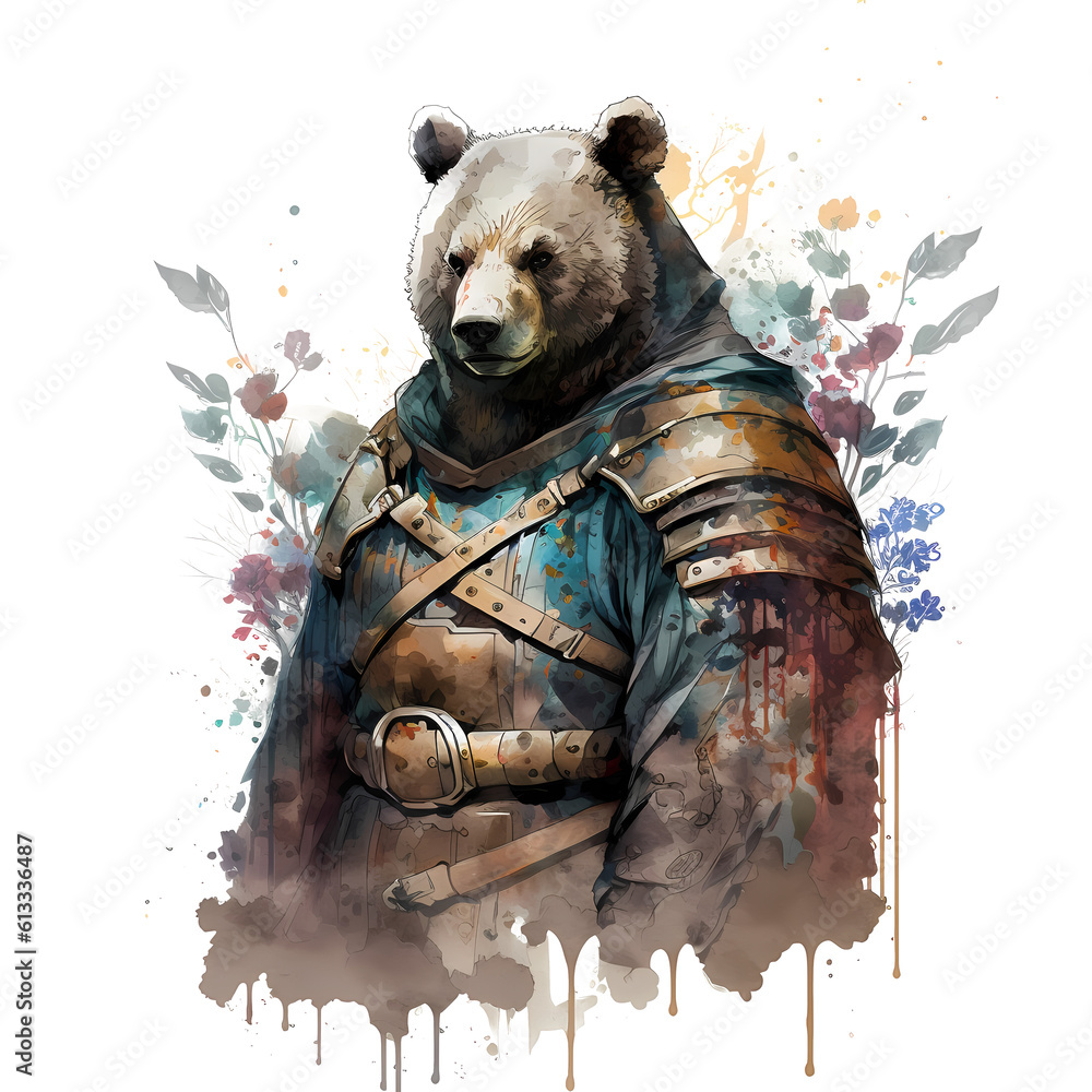 Samurai Bear Warrior With Watercolors traditional Japanese 4096px PNG ...