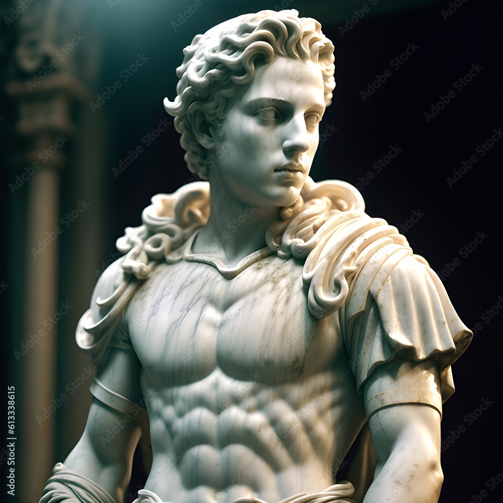 Image of a white marble statue bust of a roman soldier or the demigod ...