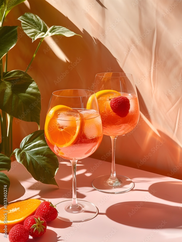 aperol spritz summer drink in glass with shadows, tropical background ...