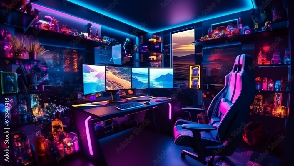 General view of home workplace of pro gamer with professional gaming ...