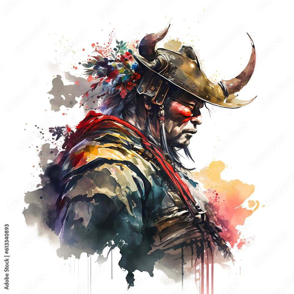Samurai Viking with horns Helmet Warrior With Watercolors traditional ...