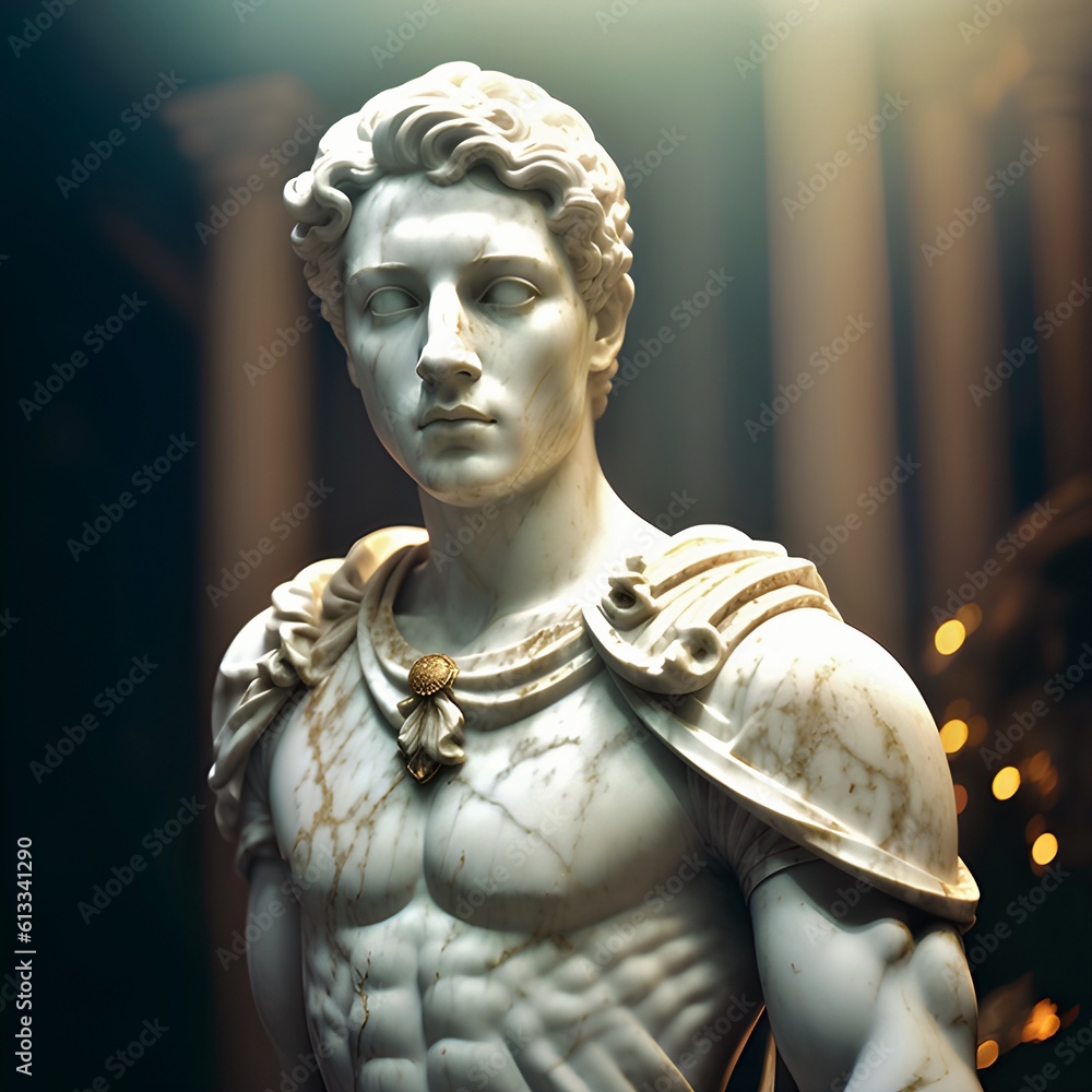 A generative ai image of a white marble statue bust of a roman soldier ...