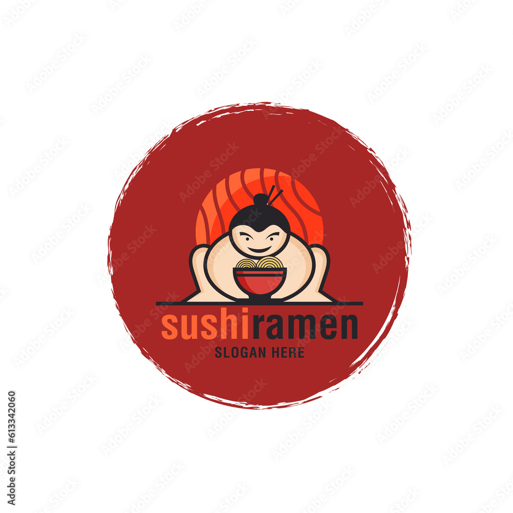 Character logo depicting sumo and food. It is suitable for use as a ...