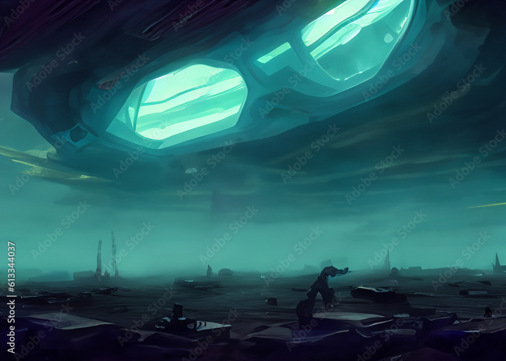 abstract cartoon style scenery of post apocalypse world created with ...