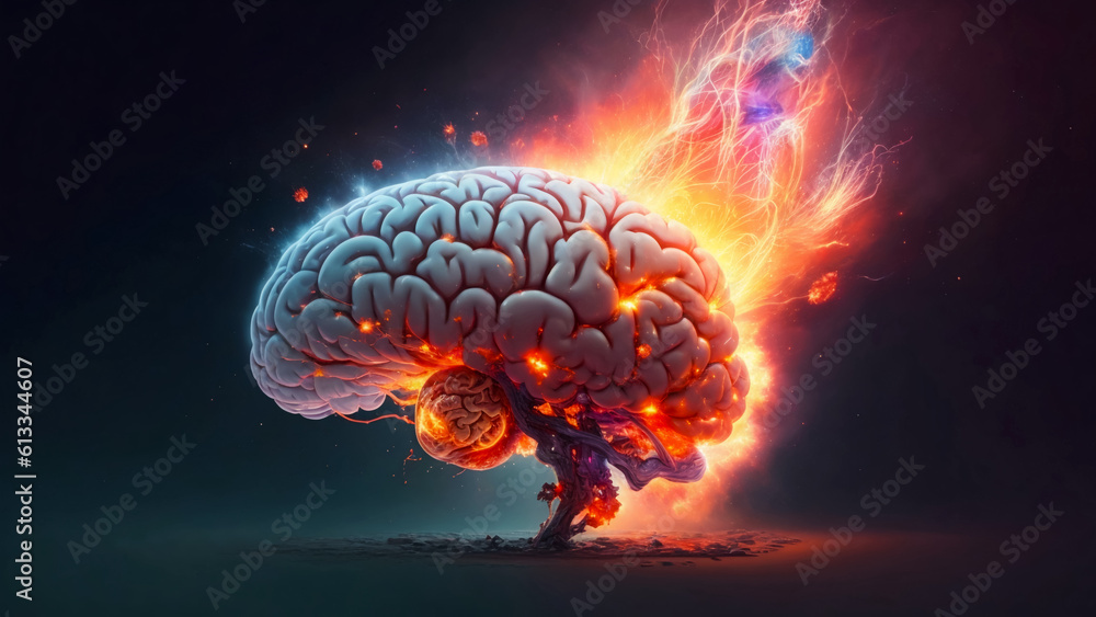 Concept art of a human brain exploding with knowledge and creativity ...