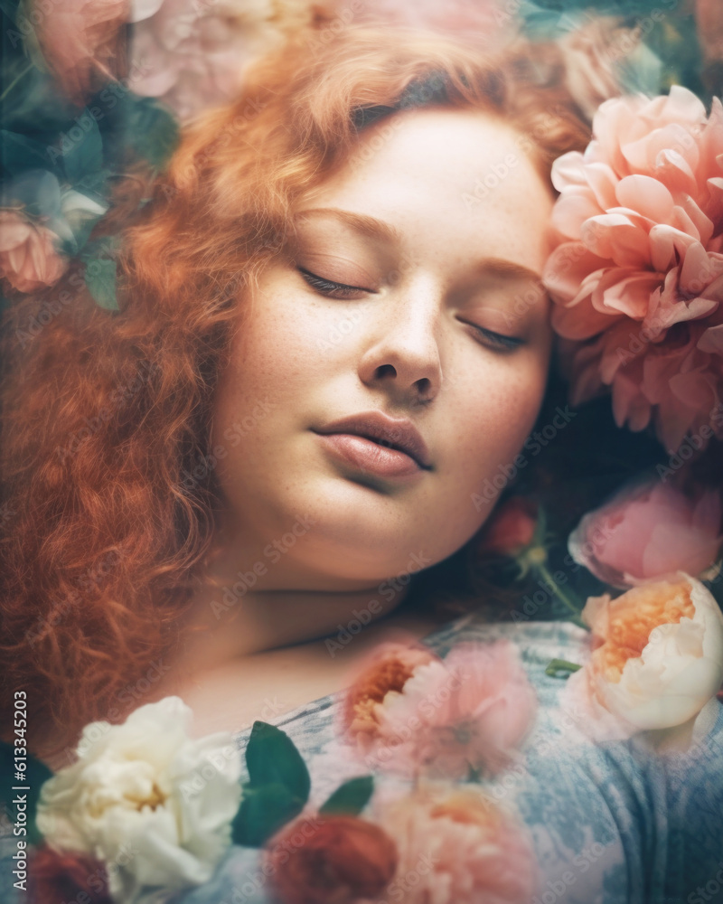 Curvy woman surrounded by flowers sleeping. Generative AI. Stock ...