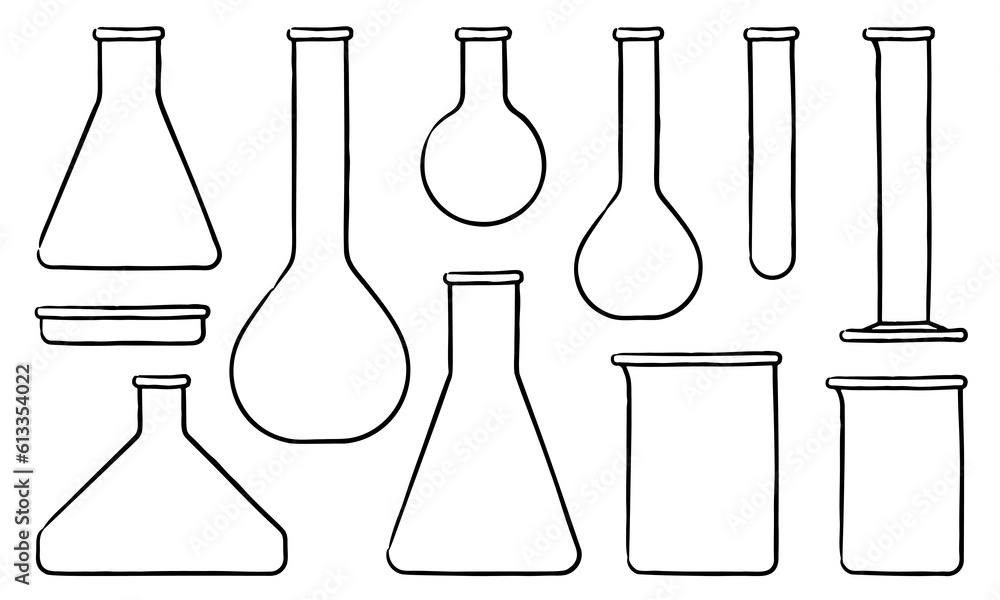 Set of laboratory glassware: volumetric flask, Erlenmeyer flask, round ...