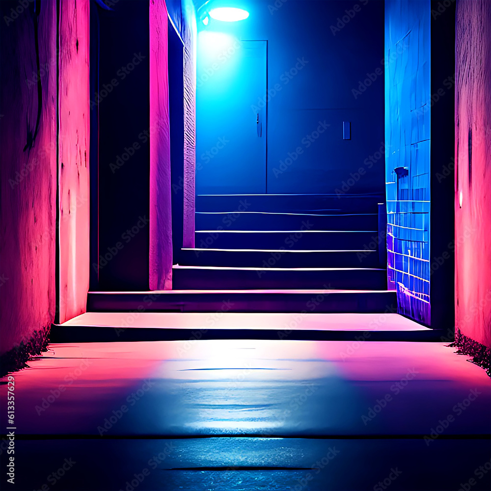 Dark Night city street neon spotlight smoke, night view background ...