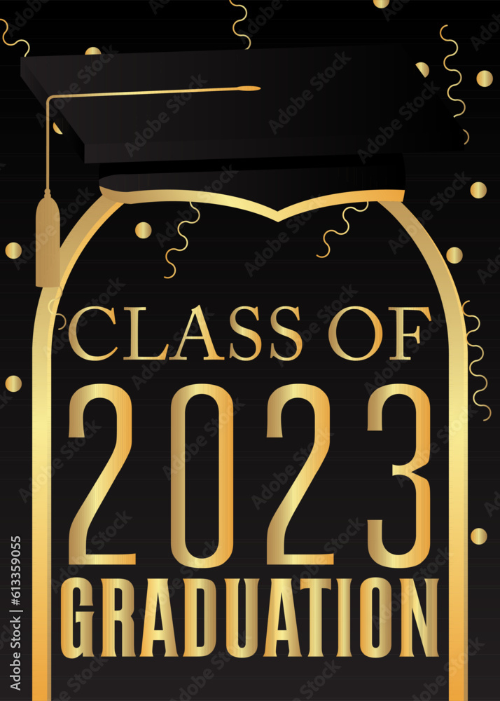 Black and gold class of 2023 Graduation design template. Vintage party ...