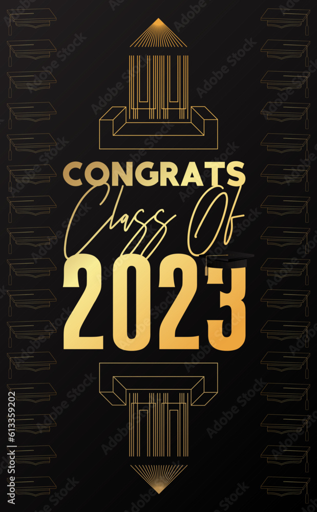 Black and gold class of 2023 Graduation design template. Vintage party ...