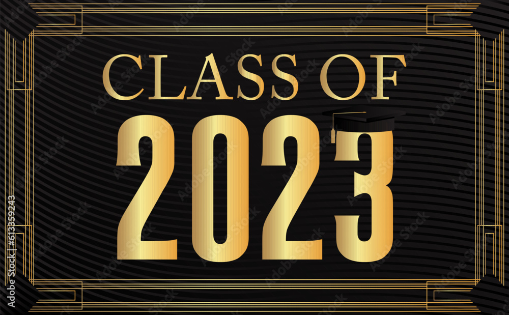 Black and gold class of 2023 Graduation design template. Vintage party ...