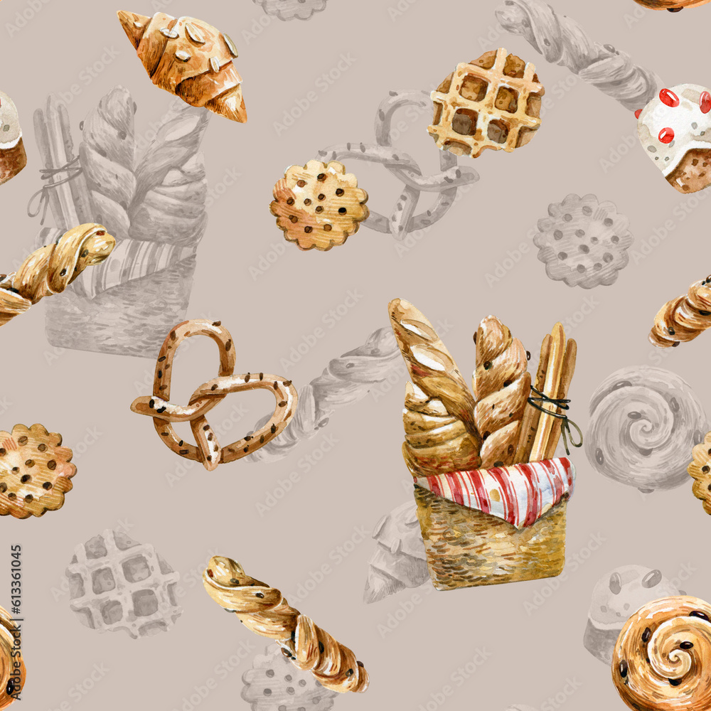 Watercolor illustration of a seamless background with pastries and ...