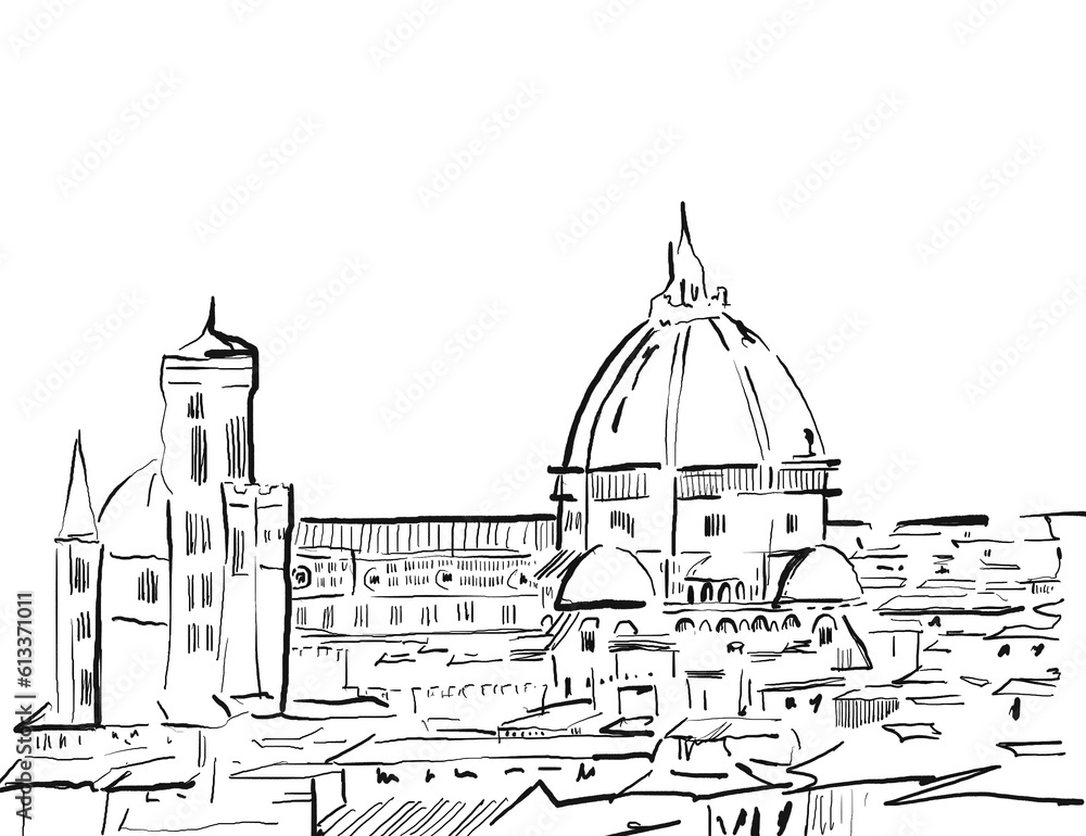 Pen and ink illustration of the Florence cathedral and aerial view of ...