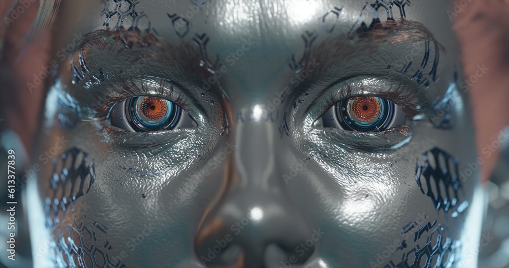 Conceptual design of AI and Machine learning, Robot opening eyes, deep ...