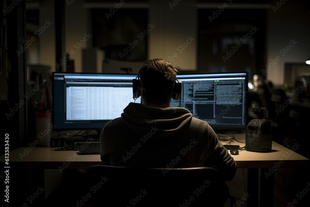Programmer working is on computers with multiple monitors, back view ...