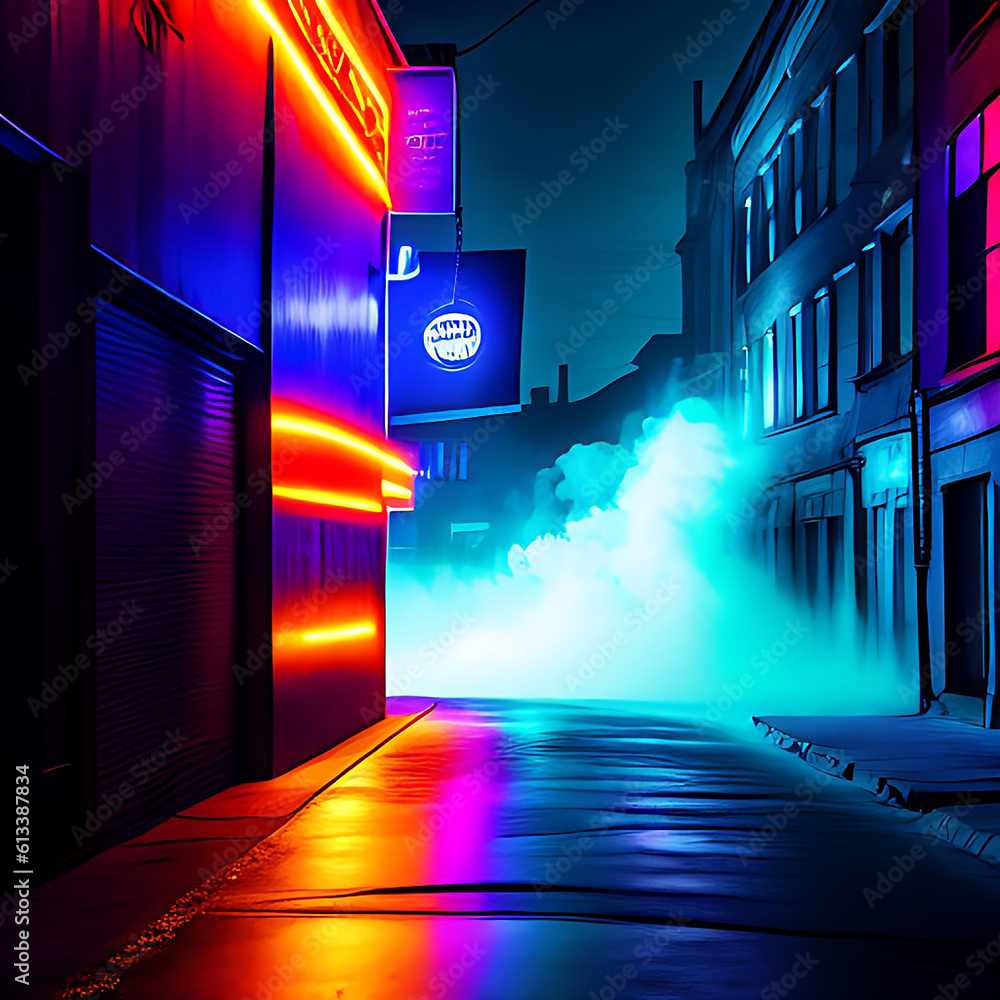 Dark Night city street neon spotlight smoke view background. Light ...