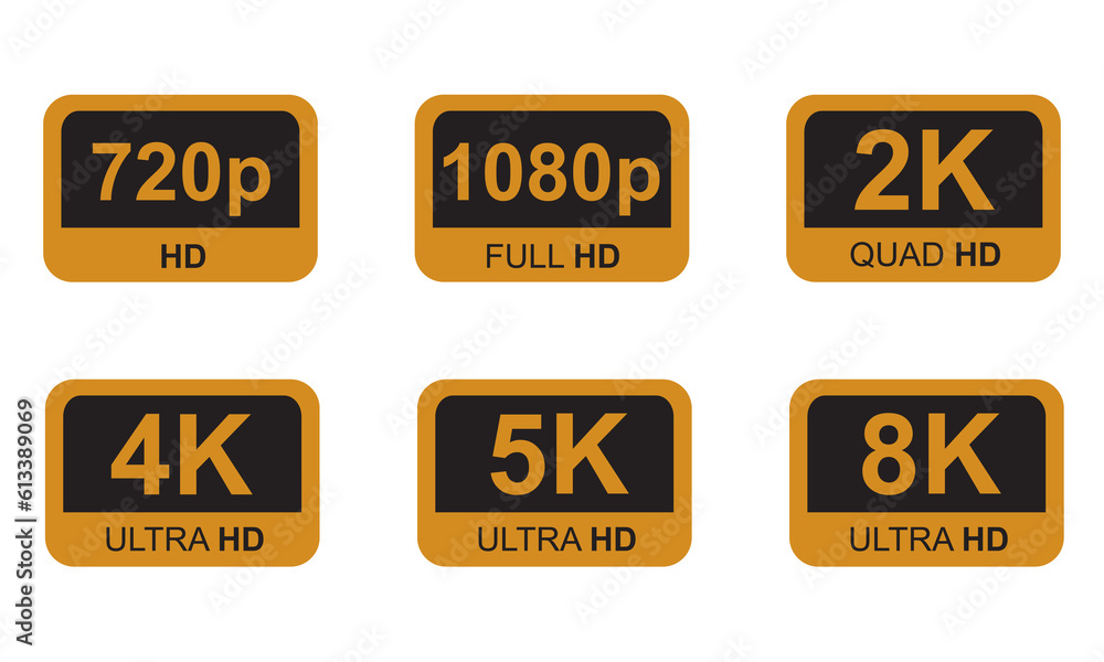 Golden 8k 4k 5k ultra HD video resolution icon, buttons for videos ...