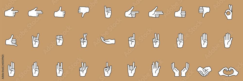 Hand gesture icon set of various shapesIncluded icons as fingers ...