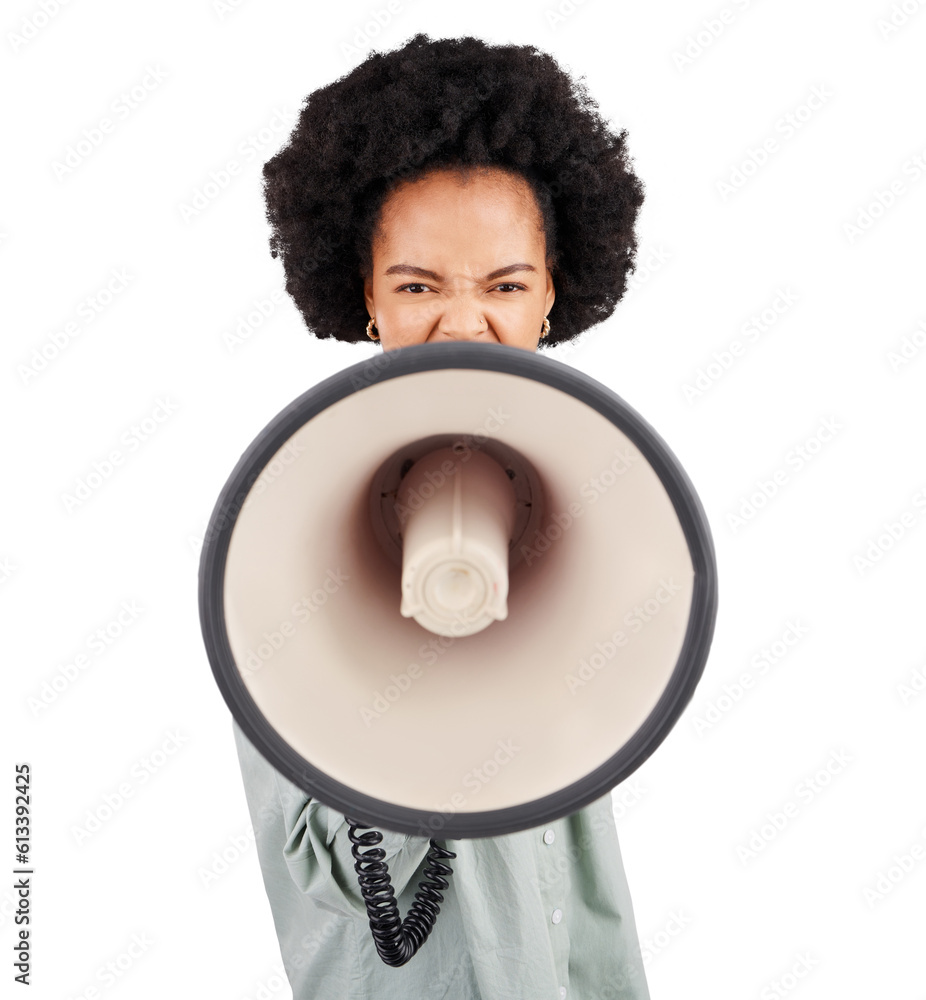 Speech, megaphone and portrait of black woman with news announcement on ...