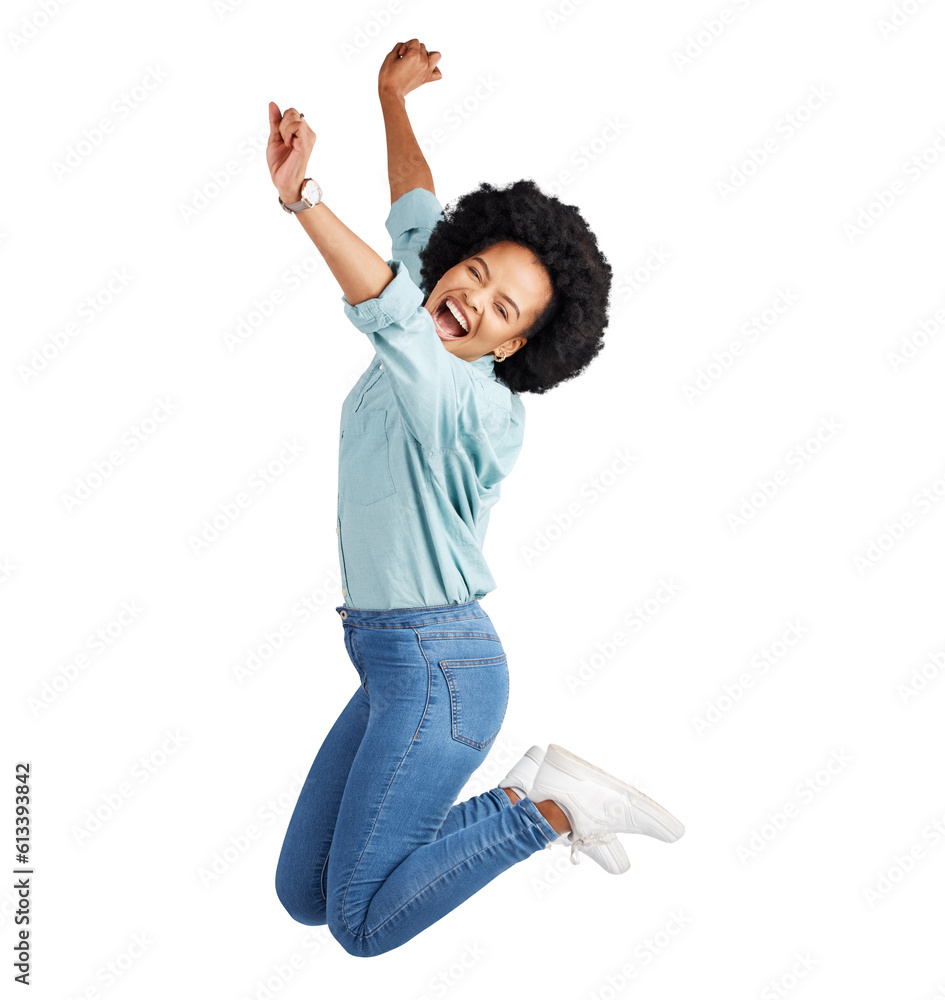 Happy, portrait and black woman jump celebration of good news on ...