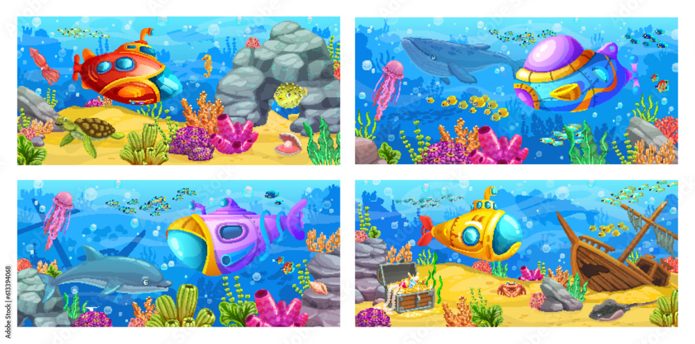 Cartoon underwater sea submarine and bathyscaphe on vector background ...