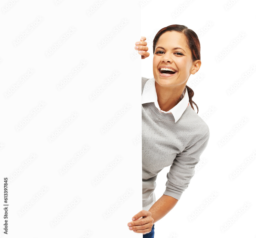 Portrait, funny and woman looking behind banner isolated on a ...