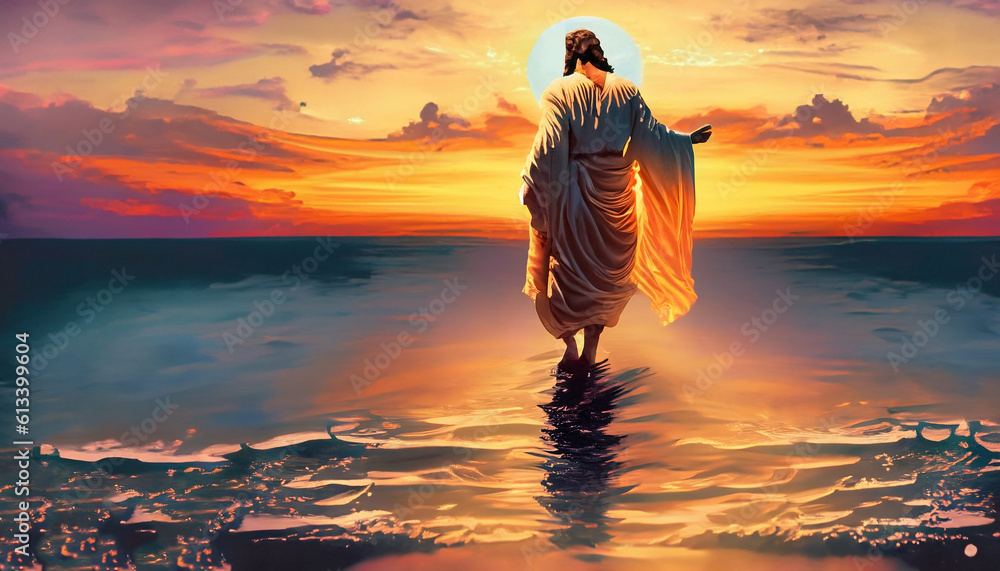 Back view Jesus Christ walking on water with sun light. Biblical Series ...