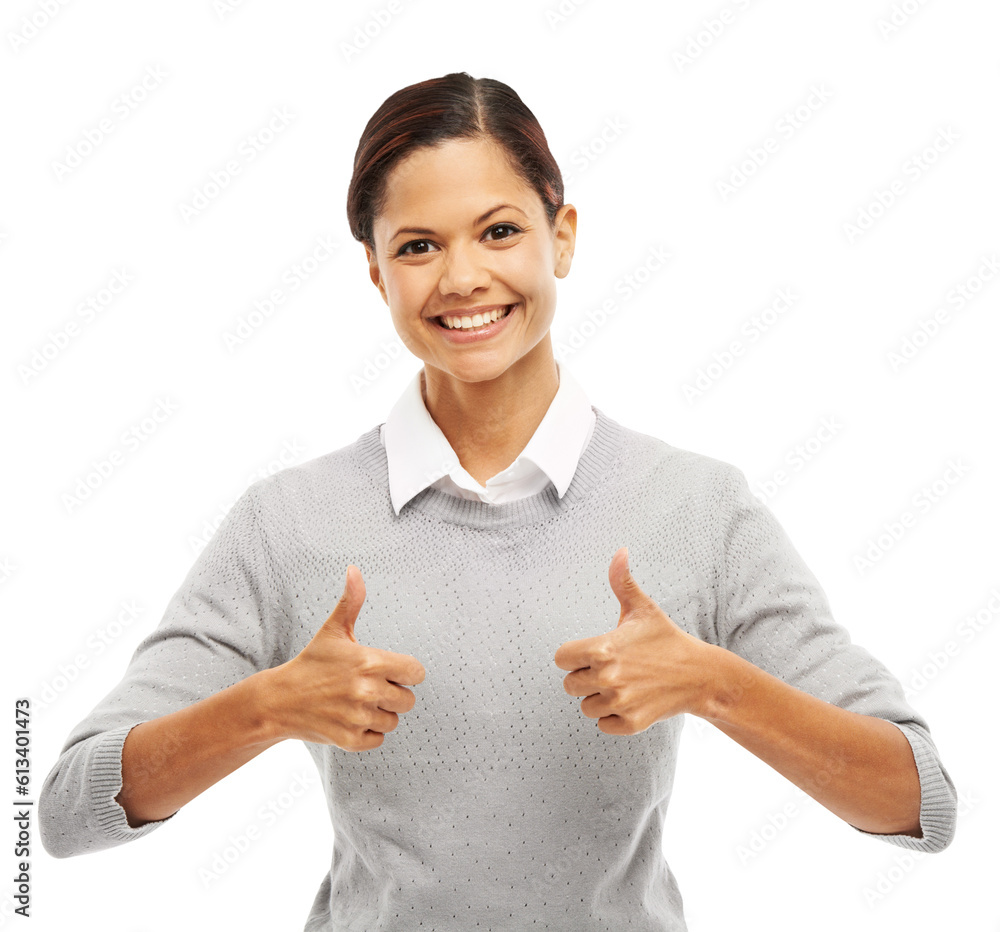 Thank you, portrait of a woman with thumbs up and smile isolated ...