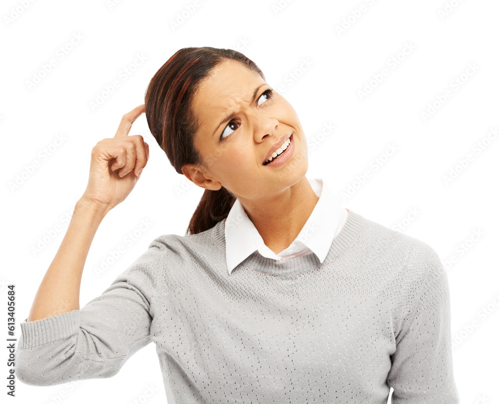 Woman scratching head, confused and thinking with doubt and expression ...