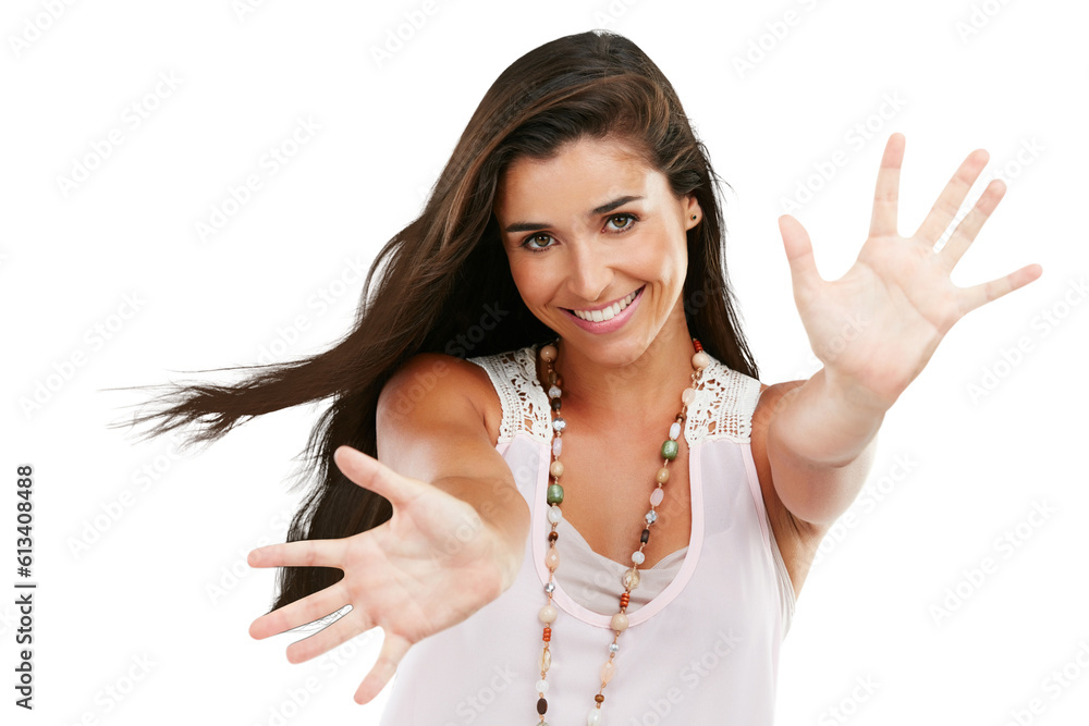 Fashion, surprise and portrait of woman with hands on png, isolated and ...