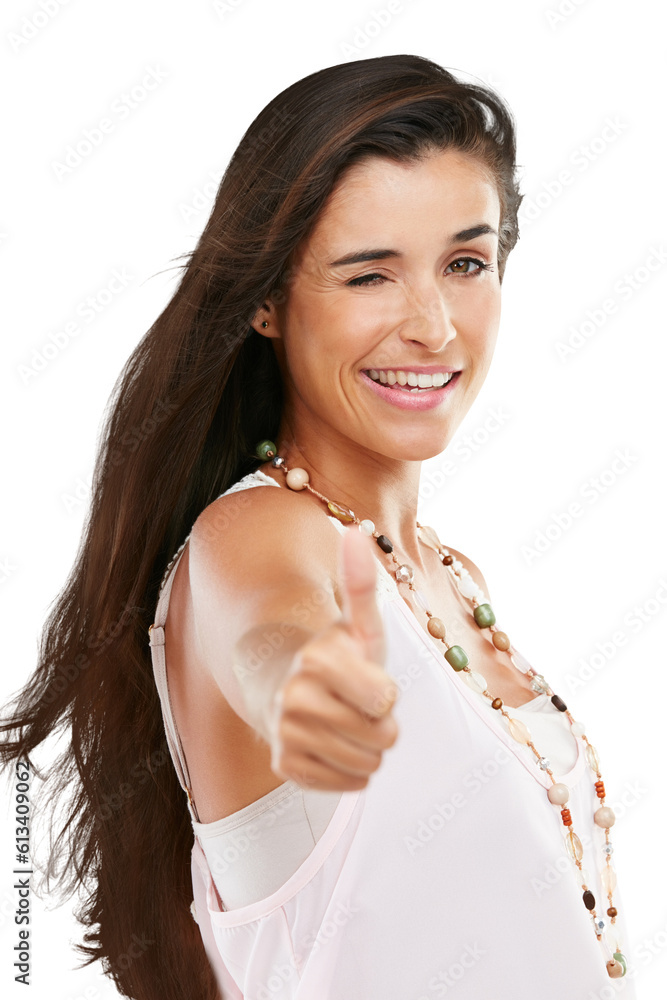 Portrait, thumbs up and woman wink for winner, thank you or deal, yes ...