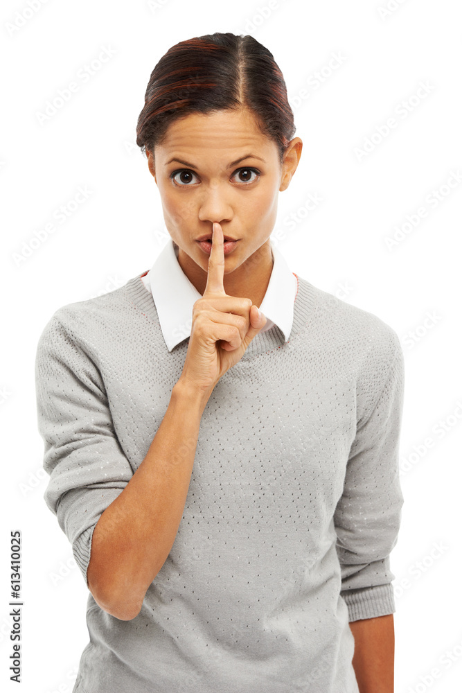 Secret, privacy and confidential, woman with finger on lips in portrait ...